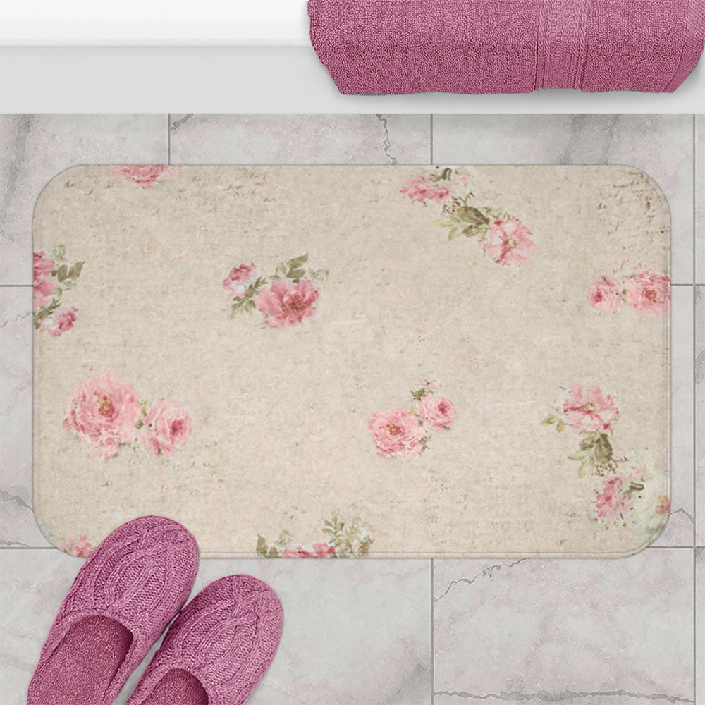 Beige Bath Rug with Pink Blurred Antique Rose Floral – Soft, Absorbent ...