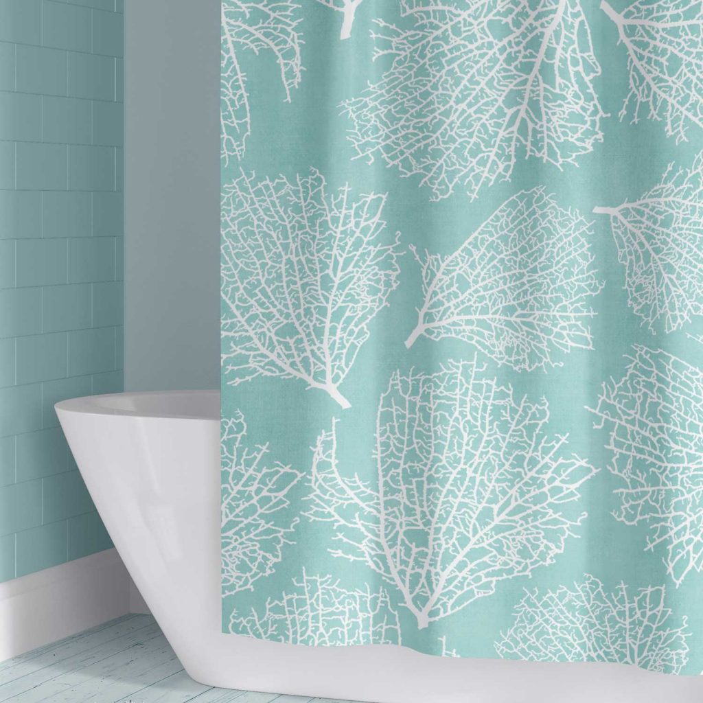 Turquoise Shower Curtain with White Coral Print – Beach Inspired ...