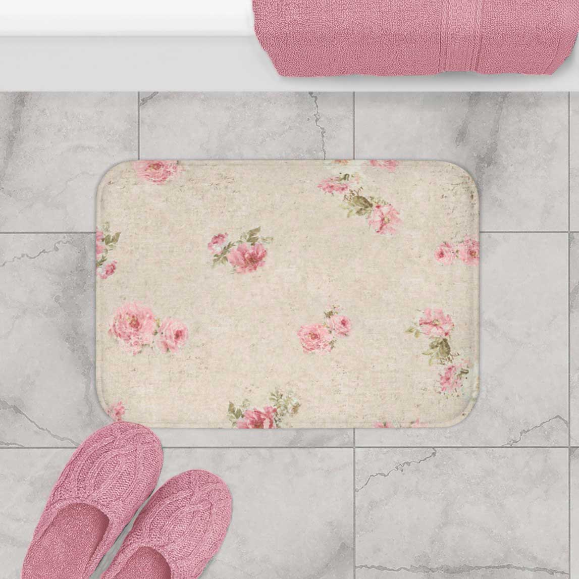 Beige Bath Rug with Pink Blurred Antique Rose Floral – Soft, Absorbent ...