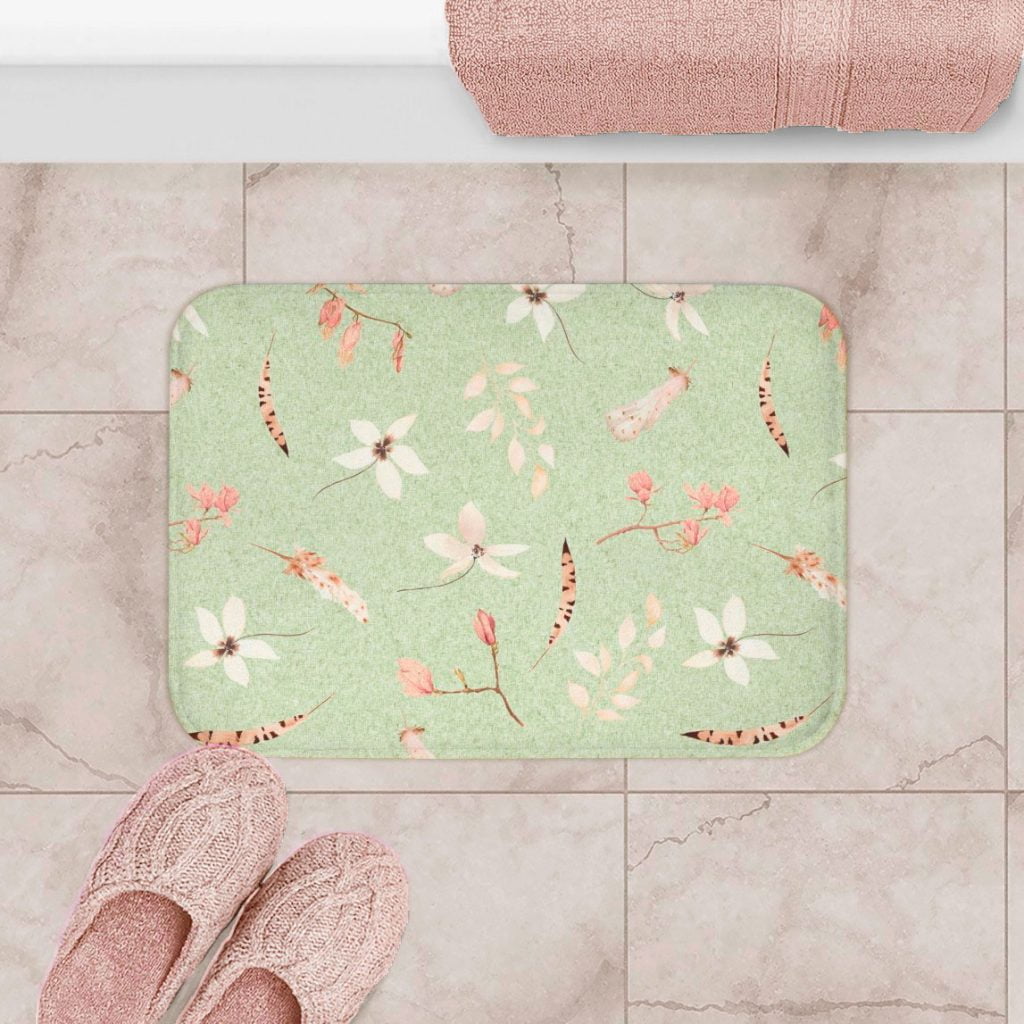 Boho Style Green Floral Microfiber Bath Mat - Comfortable & Non-Slip ...