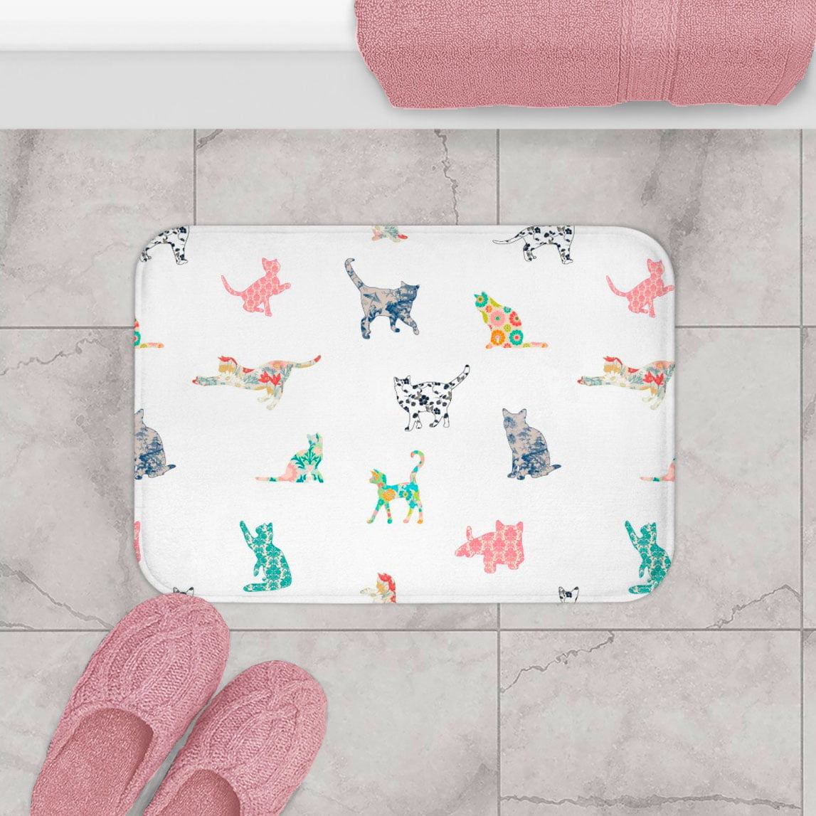 White Memory Foam Bath Mat With Patchwork Cats – Ozscape Designs ...