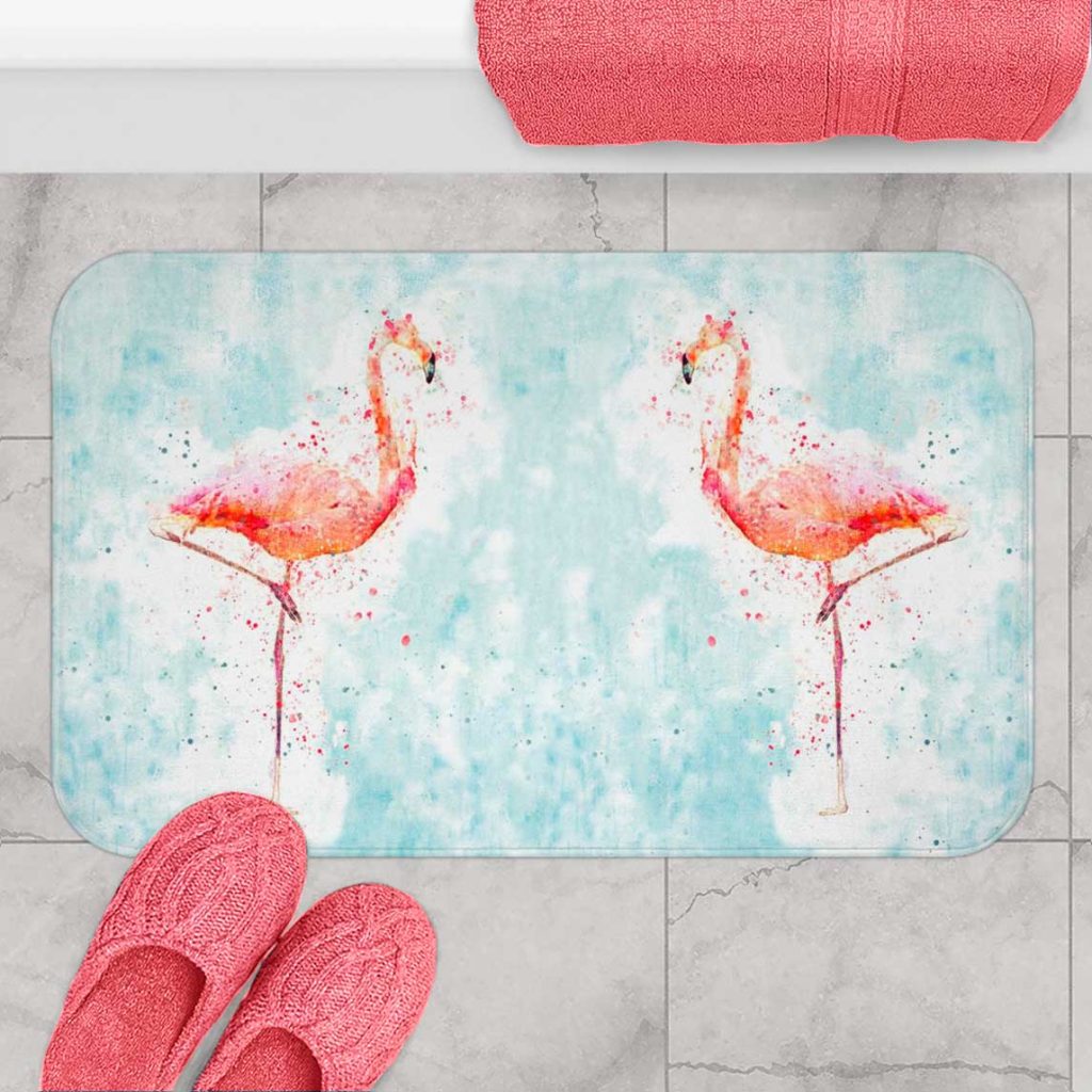 Blue Bath Rug with Adorable Pink Flamingo Design - Ozscape Designs
