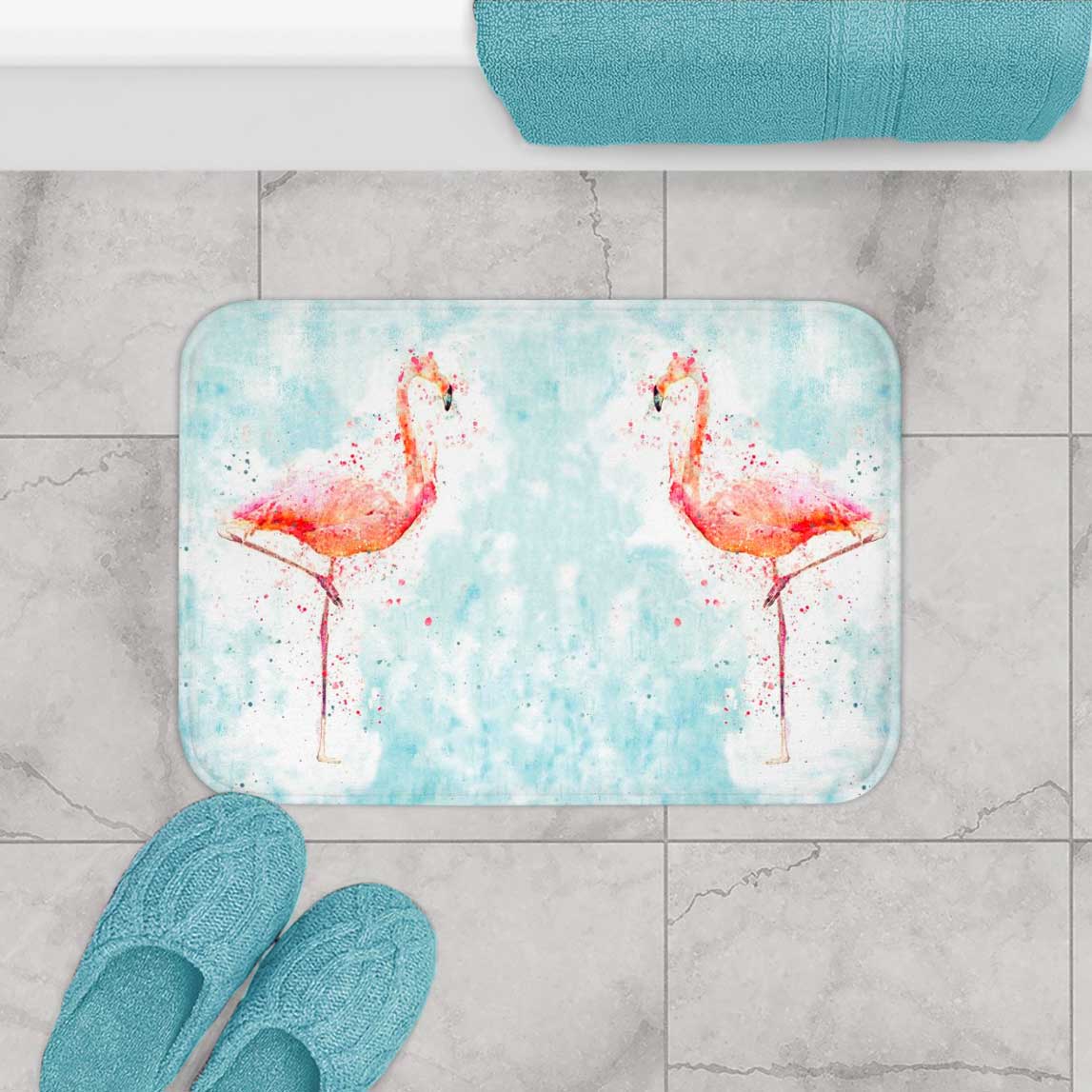 Blue Bath Rug with Adorable Pink Flamingo Design - Ozscape Designs