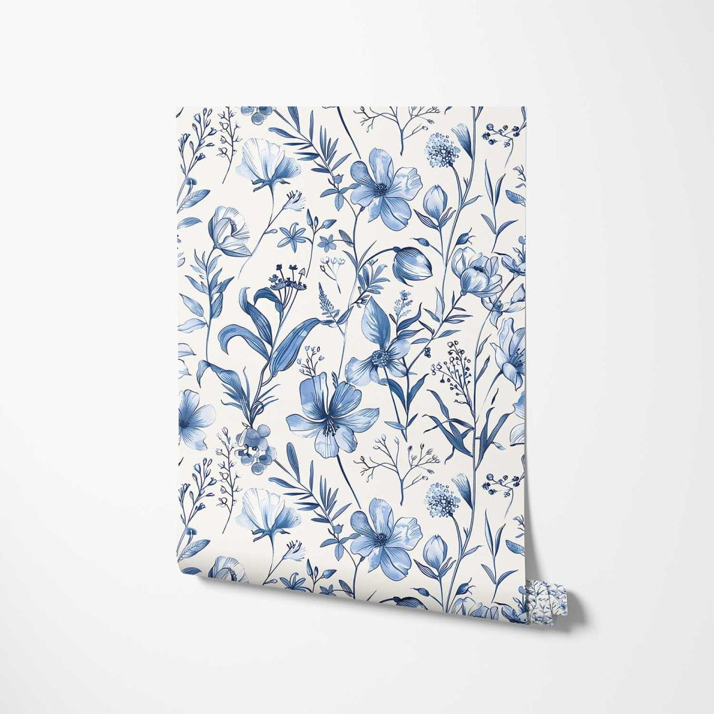 Watercolor Blue Floral Wallpaper – Elegant Wall Design