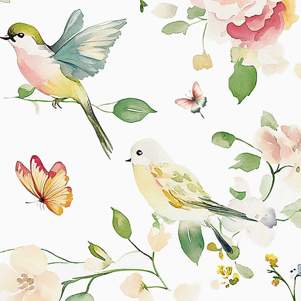 Floral Birds & Butterfly Wallpaper - For Kids, Bathrooms & More